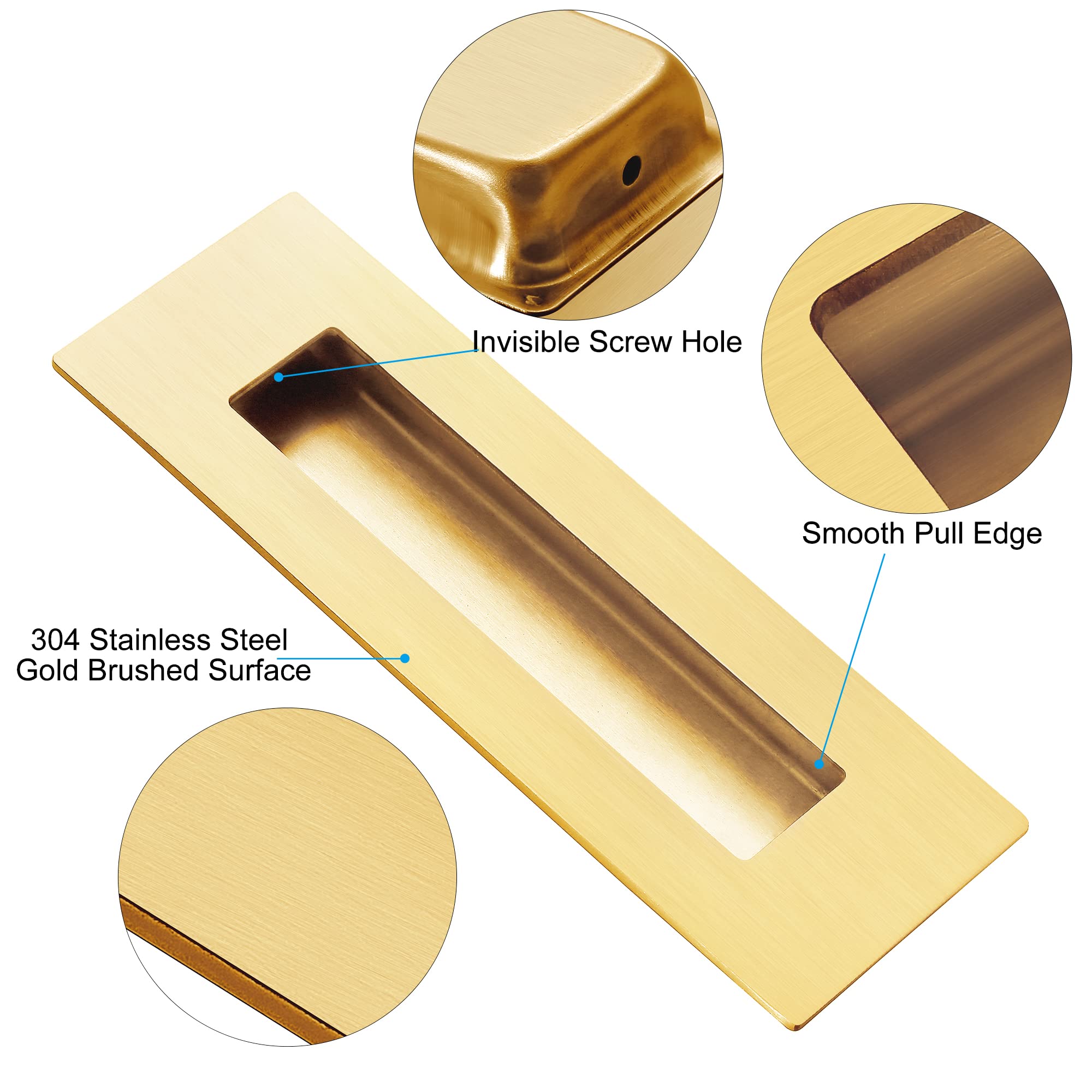 Malimali 6 Inch Recessed Finger Flush Pulls for Pocket Door Closet Door, Sliding Barn Door Handle, Brushed Gold Stainless Steel Rectangular Door Pulls Hardware(2 Pack)