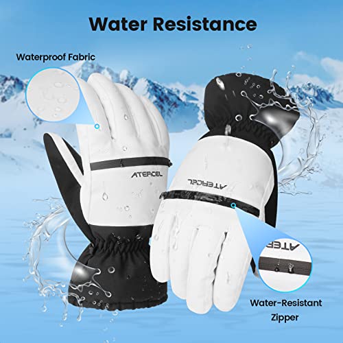 ATERCEL Waterproof Touchscreen Ski Gloves, Snow Gloves for Snowboard, Snowmobile, Winter Hiking for Man and Women, Suitable in Cold Weather(White, Small)