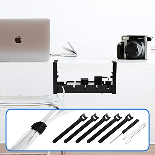 CaSZLUTION Under Desk Cable Management Tray, No Drill Steel Desk Cord Organizer with Clamp Mount, Retractable Wire Management Tray Under Table Cable Rack for Office Home - Black