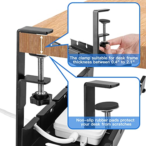 CaSZLUTION Under Desk Cable Management Tray, No Drill Steel Desk Cord Organizer with Clamp Mount, Retractable Wire Management Tray Under Table Cable Rack for Office Home - Black
