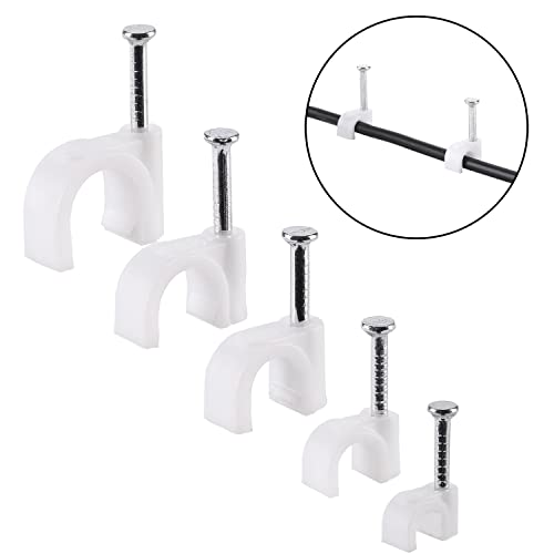 Bates- Cable Clips with Steel Nails, White, 360 pcs, 4mm 5mm 6mm 8mm 10mm, Wire Clips, Cord Clips, White Cable Clips, Ethernet Cable Clips, Cable Wire Clips, Coax Cable Clips, Cable Cord Clips.
