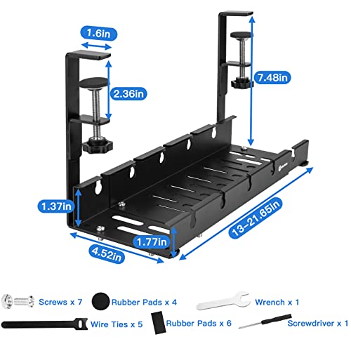 CaSZLUTION Under Desk Cable Management Tray, No Drill Steel Desk Cord Organizer with Clamp Mount, Retractable Wire Management Tray Under Table Cable Rack for Office Home - Black