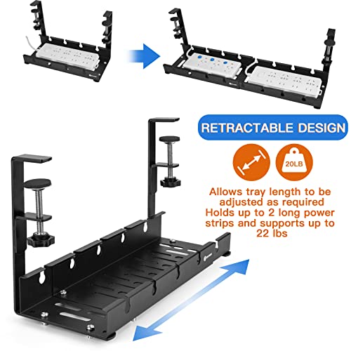 CaSZLUTION Under Desk Cable Management Tray, No Drill Steel Desk Cord Organizer with Clamp Mount, Retractable Wire Management Tray Under Table Cable Rack for Office Home - Black