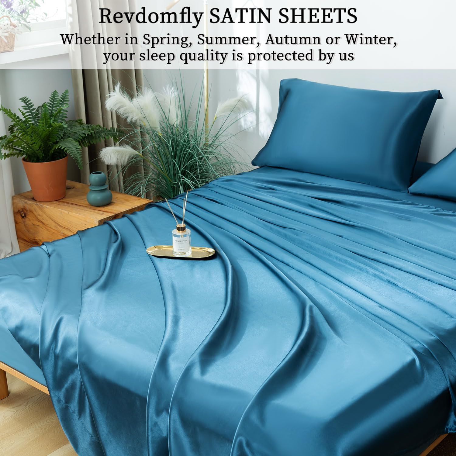 Revdomfly 4 Pcs Full Size Luxury Silky Soft Navy Blue Satin Sheet Set,1 Premium Moisture Wicking Fitted Sheet Fits Up to 16 Inches Deep Pocket + 1 Flat Sheet + 2 Pillowcases(Navy Blue, Full)