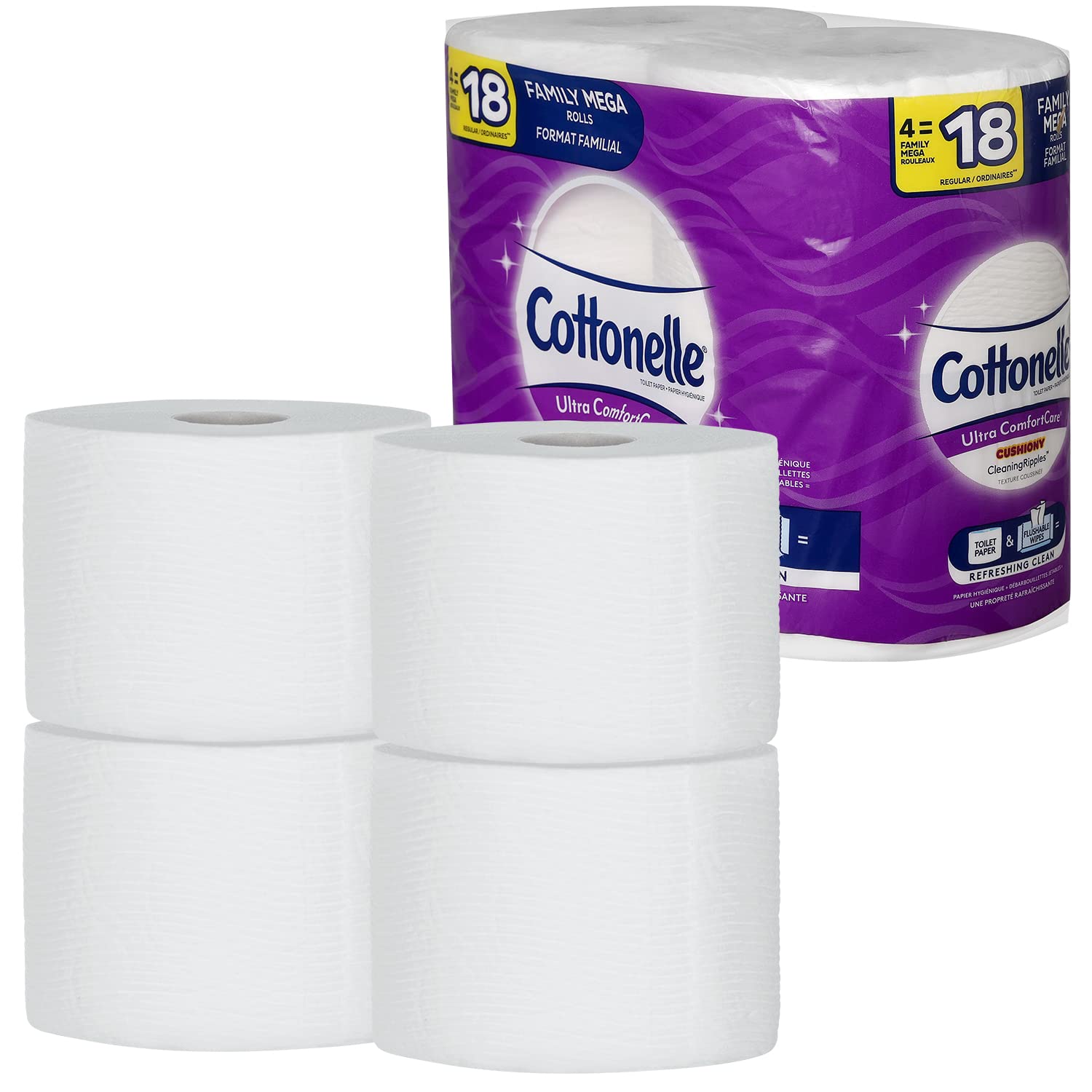 Ultra ComfortCare Toilet Paper - 1 Pack of 4 Rolls, 325 2-Ply Sheets Per Roll - 4 Family Mega Rolls = 18 Regular Rolls with Cushiony CleaningRipples Super Soft and Strong Toilet Tissue
