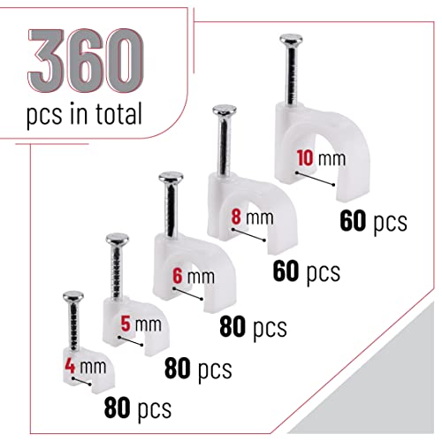 Bates- Cable Clips with Steel Nails, White, 360 pcs, 4mm 5mm 6mm 8mm 10mm, Wire Clips, Cord Clips, White Cable Clips, Ethernet Cable Clips, Cable Wire Clips, Coax Cable Clips, Cable Cord Clips.