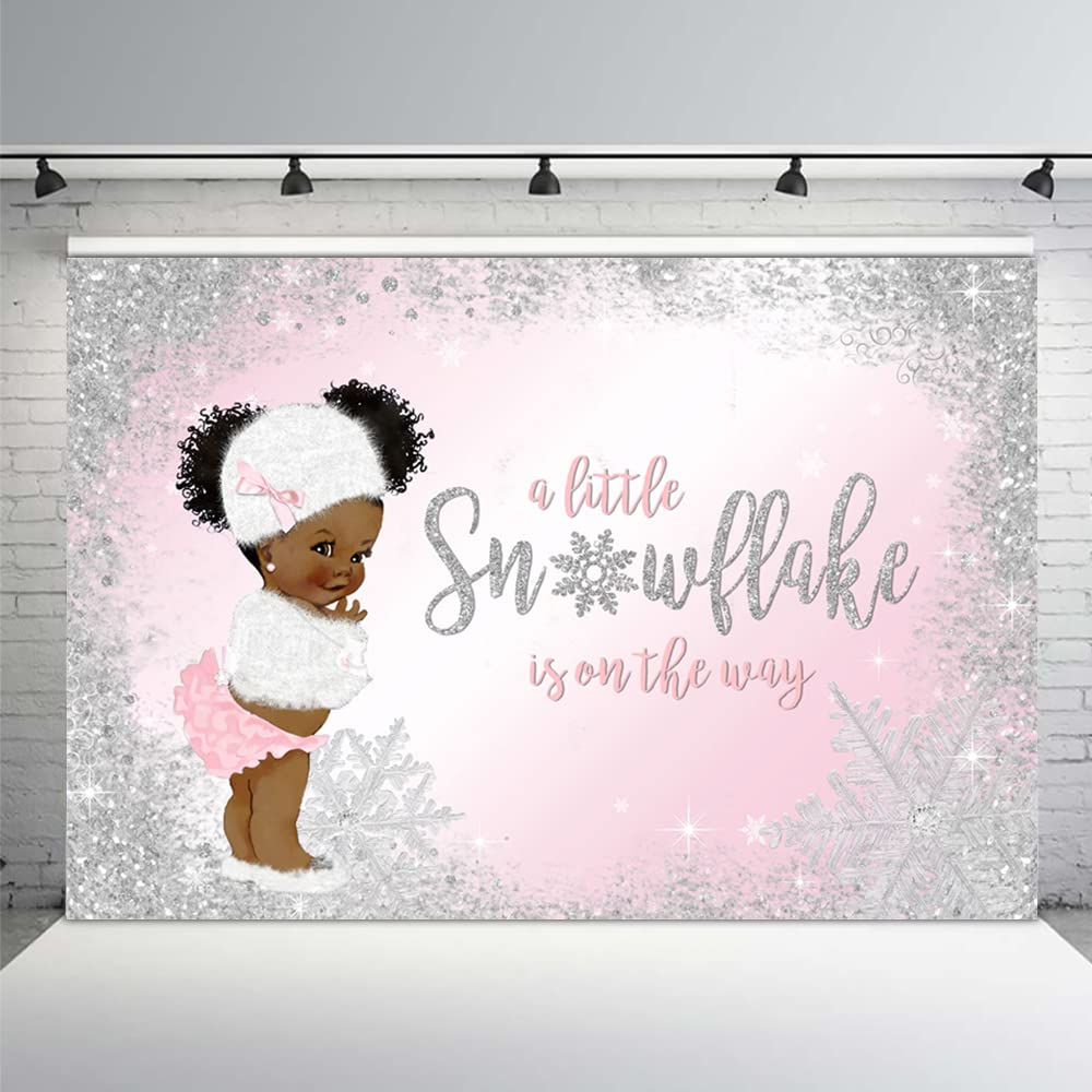 MEHOFOND Winter A Little Snowflake is On The Way Backdrop for Girls Baby Shower Pink Silver Glitter Snowflakes Baby Shower Party Decorations Photography Background Photo Shoot Banner Supplies 7x5ft