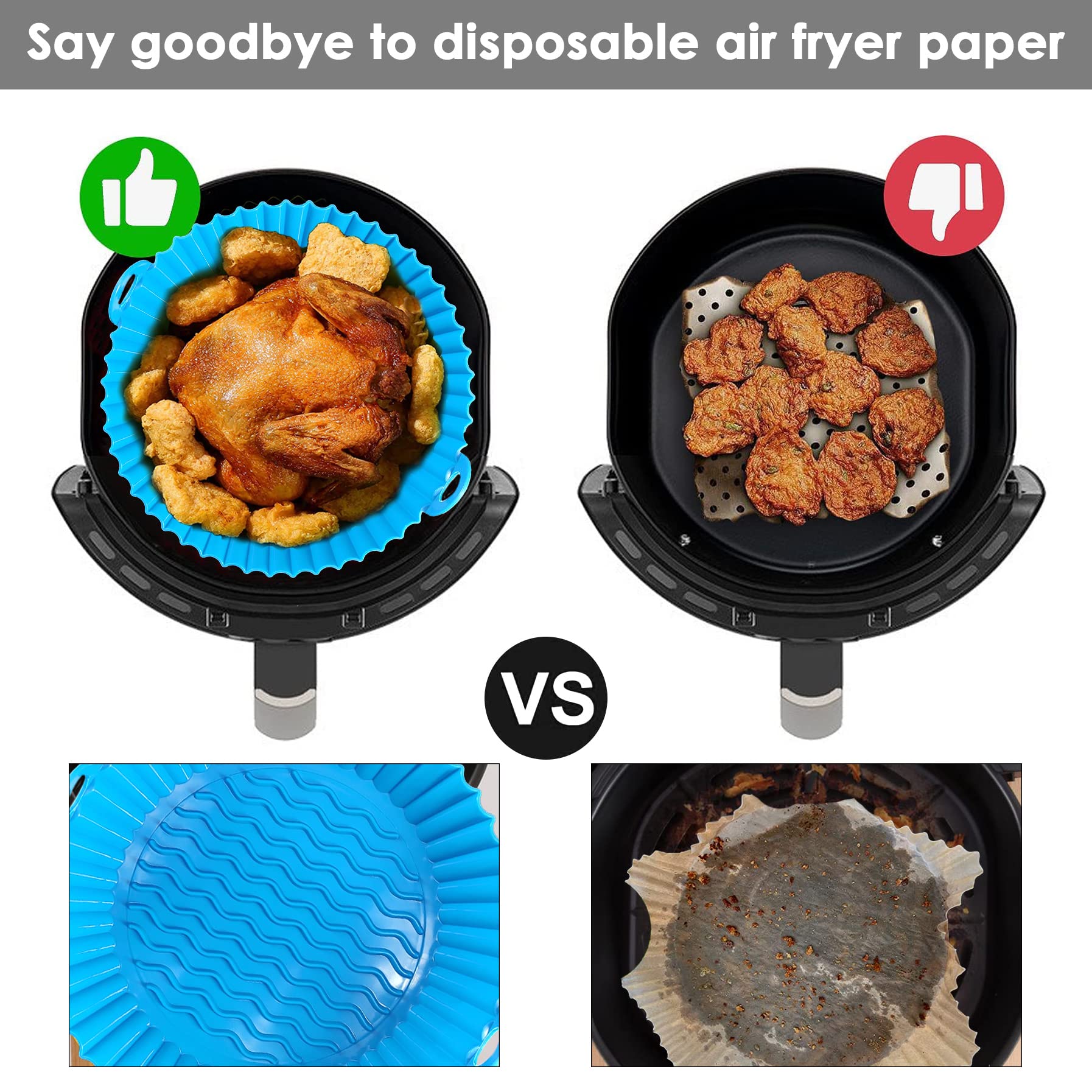 LOMSIOY 2 Pack Air Fryer Silicone Pot Reusable Round Air Fryer Oven Accessories with Handle Silicone Liner Tray Kitchen Accessories 8.4 Inch (Pink Blue)