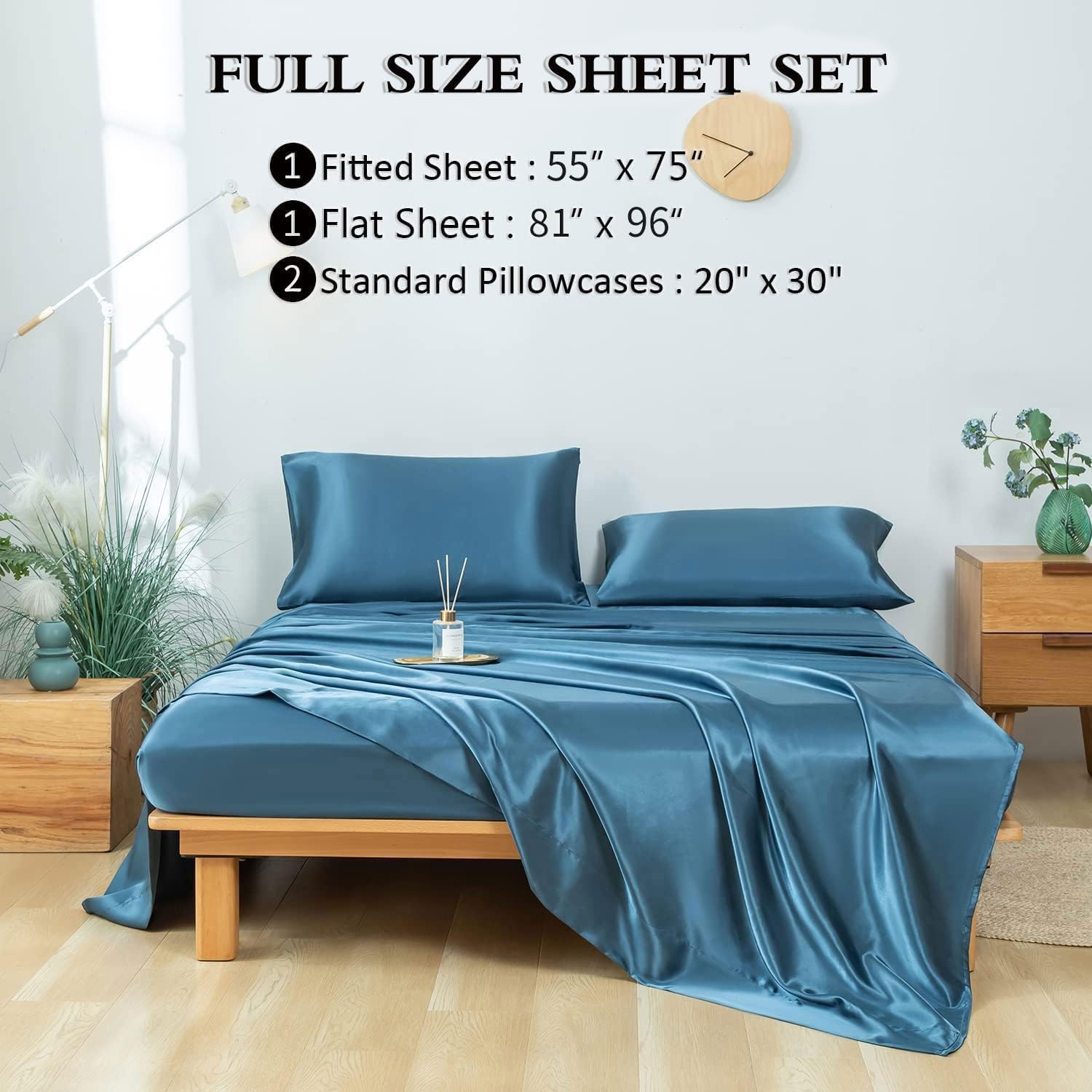 Revdomfly 4 Pcs Full Size Luxury Silky Soft Navy Blue Satin Sheet Set,1 Premium Moisture Wicking Fitted Sheet Fits Up to 16 Inches Deep Pocket + 1 Flat Sheet + 2 Pillowcases(Navy Blue, Full)