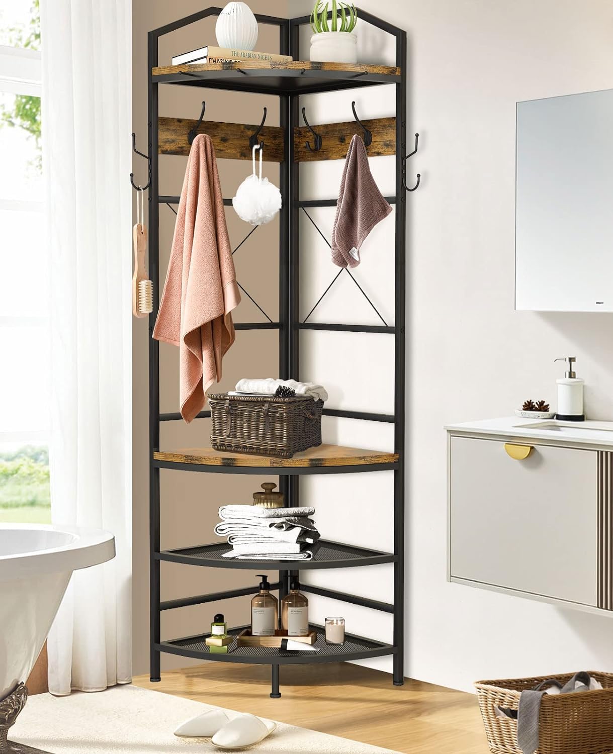 LTTROMAT 4-Tier Corner Hall Tree with Shoe Bench, Entryway Coat Rack with Storage, Industrial Corner Clothes Rack with 6 Metal Hooks and Wooden Storage Shelves