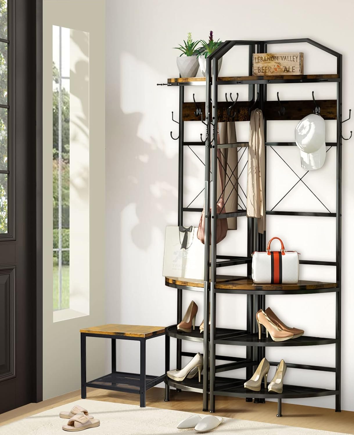 LTTROMAT 4-Tier Corner Hall Tree with Shoe Bench, Entryway Coat Rack with Storage, Industrial Corner Clothes Rack with 6 Metal Hooks and Wooden Storage Shelves