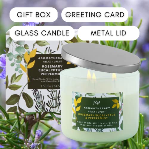 Rosemary Eucalyptus & Peppermint Scented Candle with Lavender & Thyme, Refreshing Stress Relief Aromatherapy Candle 3-Wick 15.8 oz, Strong Eucalyptus Mint Candles for Home Scented, Natural Soy Candles