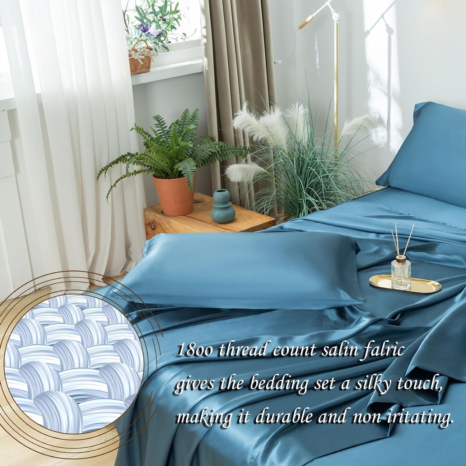Revdomfly 4 Pcs Full Size Luxury Silky Soft Navy Blue Satin Sheet Set,1 Premium Moisture Wicking Fitted Sheet Fits Up to 16 Inches Deep Pocket + 1 Flat Sheet + 2 Pillowcases(Navy Blue, Full)