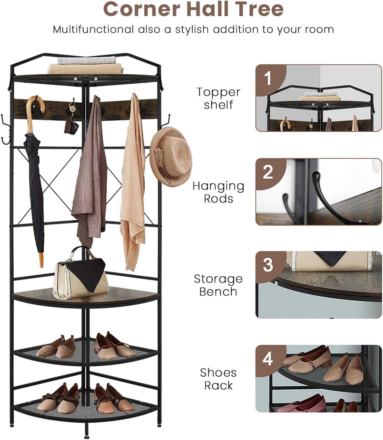 LTTROMAT 4-Tier Corner Hall Tree with Shoe Bench, Entryway Coat Rack with Storage, Industrial Corner Clothes Rack with 6 Metal Hooks and Wooden Storage Shelves
