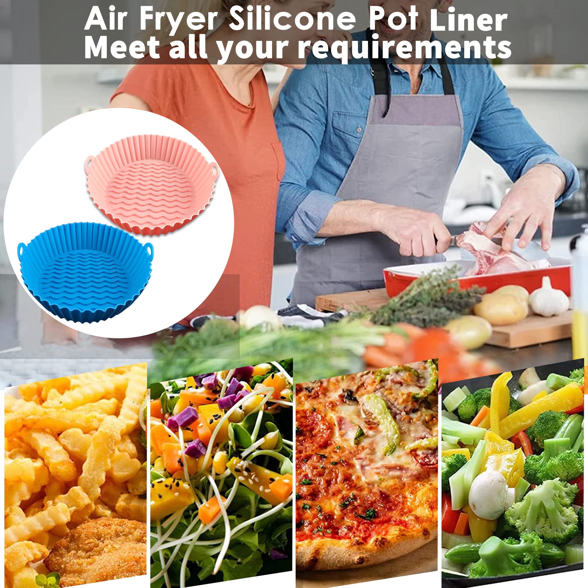 LOMSIOY 2 Pack Air Fryer Silicone Pot Reusable Round Air Fryer Oven Accessories with Handle Silicone Liner Tray Kitchen Accessories 8.4 Inch (Pink Blue)