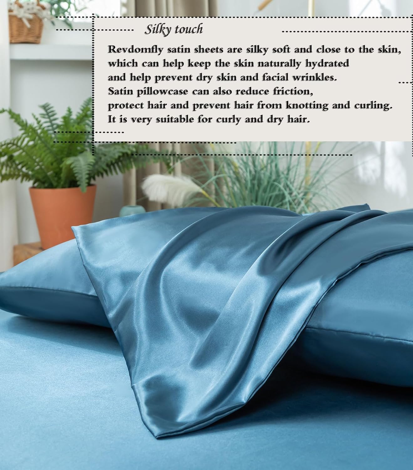 Revdomfly 4 Pcs Full Size Luxury Silky Soft Navy Blue Satin Sheet Set,1 Premium Moisture Wicking Fitted Sheet Fits Up to 16 Inches Deep Pocket + 1 Flat Sheet + 2 Pillowcases(Navy Blue, Full)