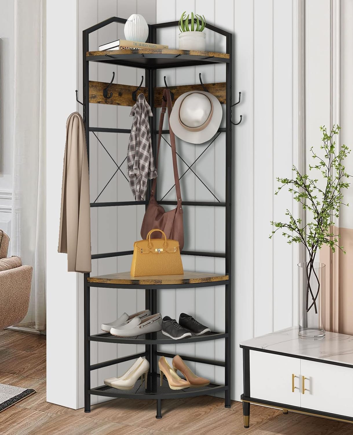 LTTROMAT 4-Tier Corner Hall Tree with Shoe Bench, Entryway Coat Rack with Storage, Industrial Corner Clothes Rack with 6 Metal Hooks and Wooden Storage Shelves