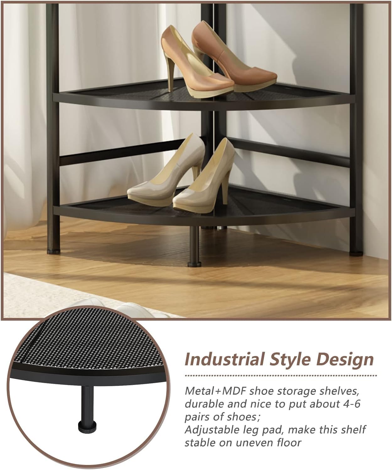 LTTROMAT 4-Tier Corner Hall Tree with Shoe Bench, Entryway Coat Rack with Storage, Industrial Corner Clothes Rack with 6 Metal Hooks and Wooden Storage Shelves