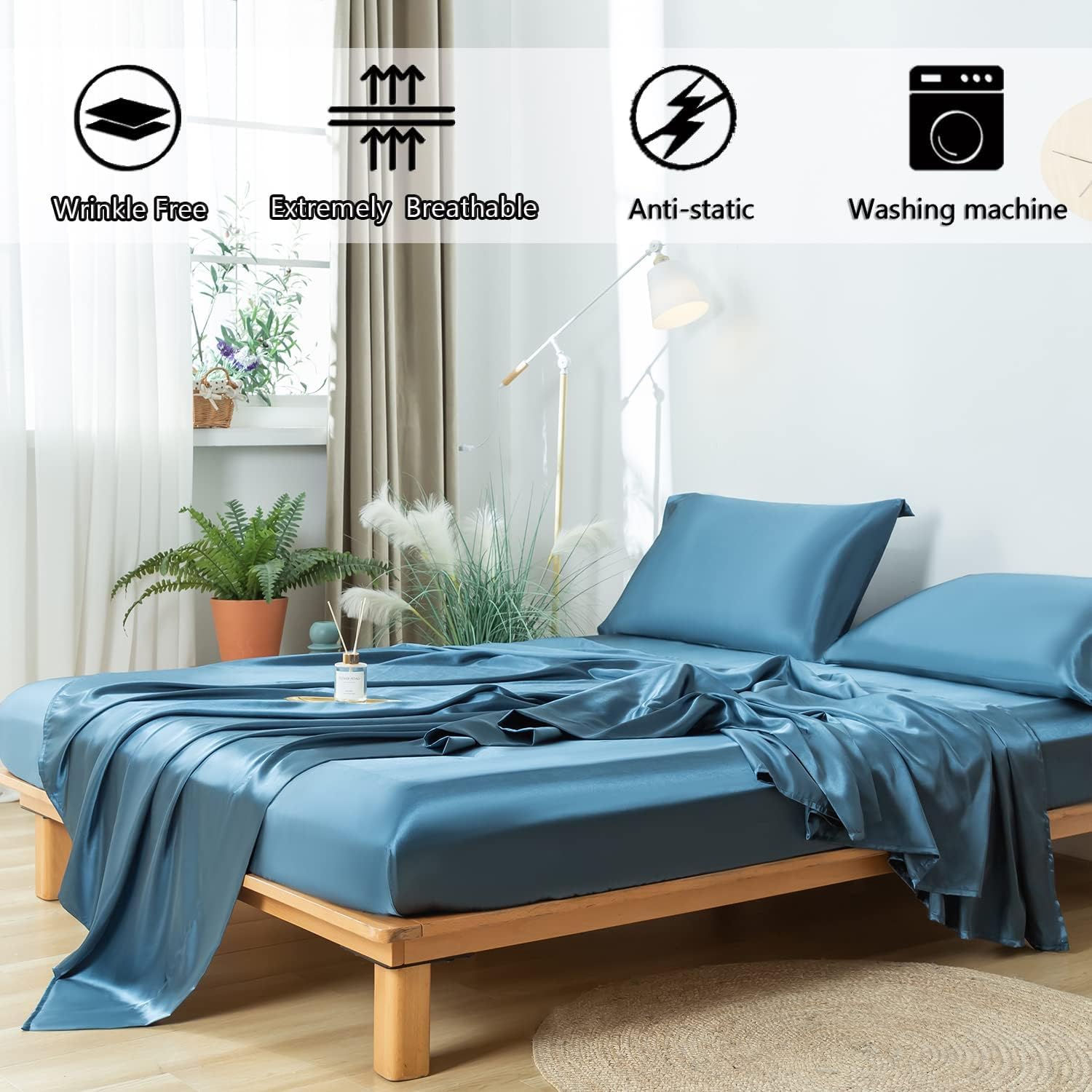 Revdomfly 4 Pcs Full Size Luxury Silky Soft Navy Blue Satin Sheet Set,1 Premium Moisture Wicking Fitted Sheet Fits Up to 16 Inches Deep Pocket + 1 Flat Sheet + 2 Pillowcases(Navy Blue, Full)