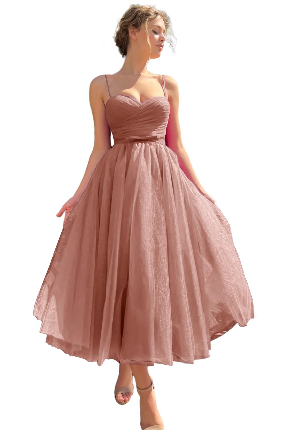 Sevintage Sweetheart Prom Dresses for Teens Spaghetti Straps Dress 2022 Long Tulle Formal Evening Party Dusty Rose US8
