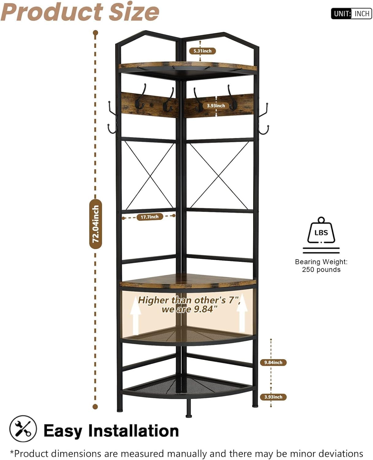LTTROMAT 4-Tier Corner Hall Tree with Shoe Bench, Entryway Coat Rack with Storage, Industrial Corner Clothes Rack with 6 Metal Hooks and Wooden Storage Shelves