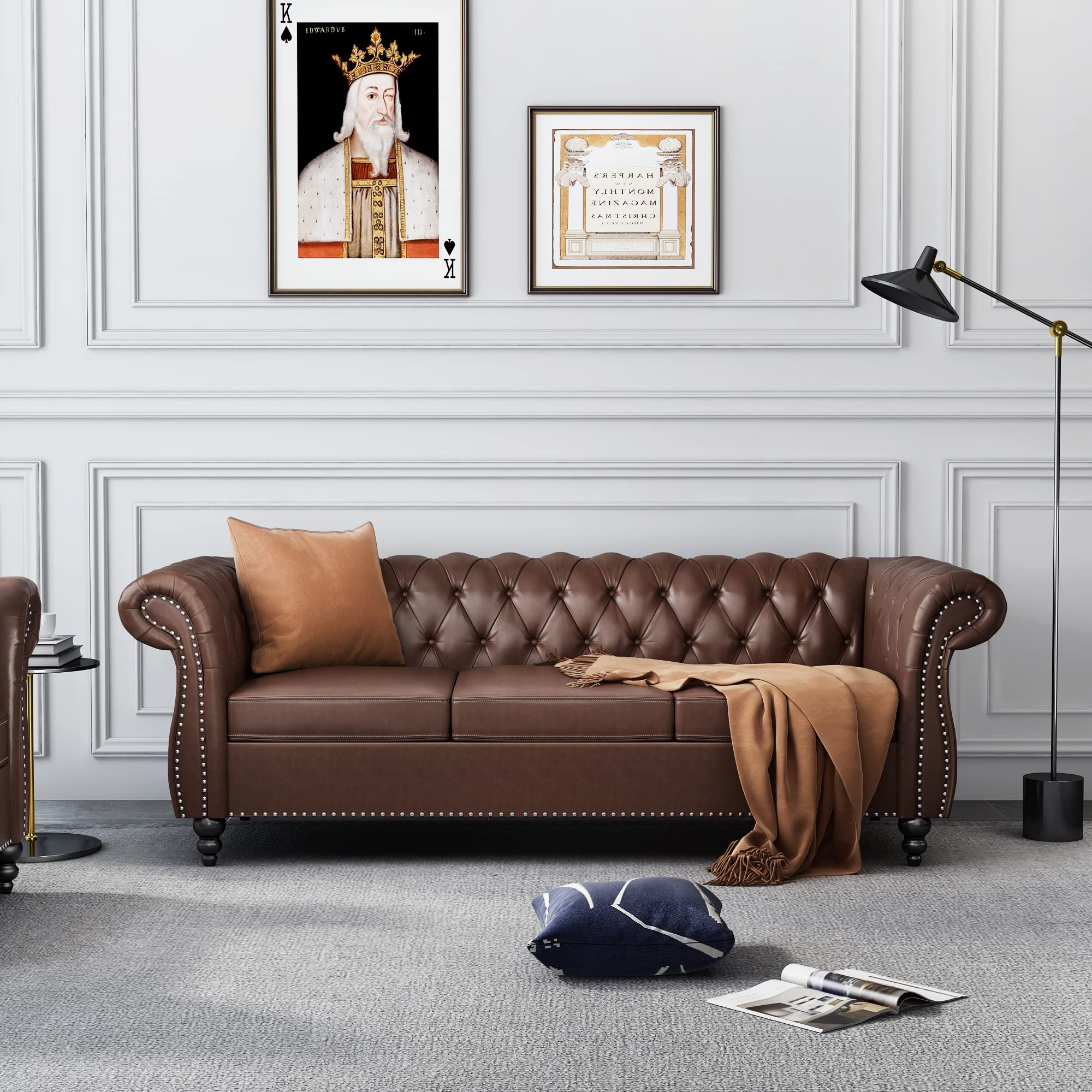 3 Piece Living Room Set, Chesterfield Leather Sofa Loveseat Couch Chair with Scroll Arms and Nailhead for Living Room, Office (Dark Brown)