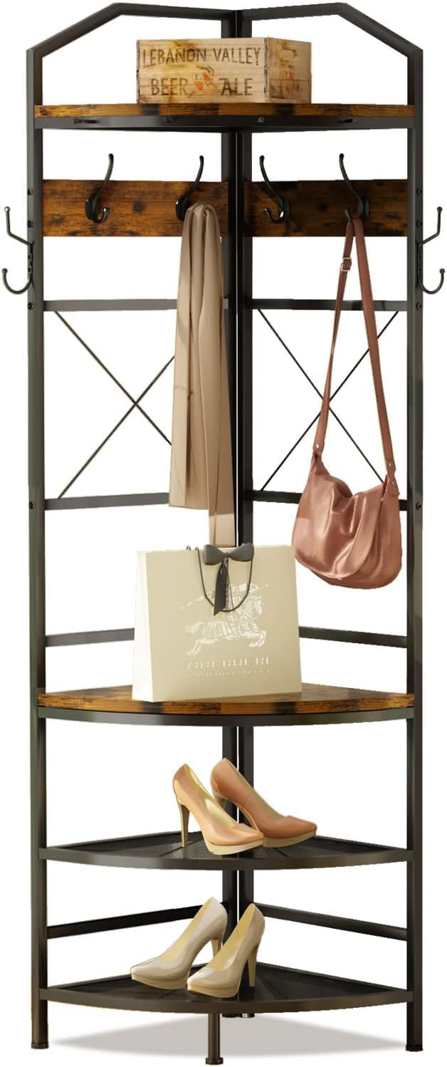 LTTROMAT 4-Tier Corner Hall Tree with Shoe Bench, Entryway Coat Rack with Storage, Industrial Corner Clothes Rack with 6 Metal Hooks and Wooden Storage Shelves