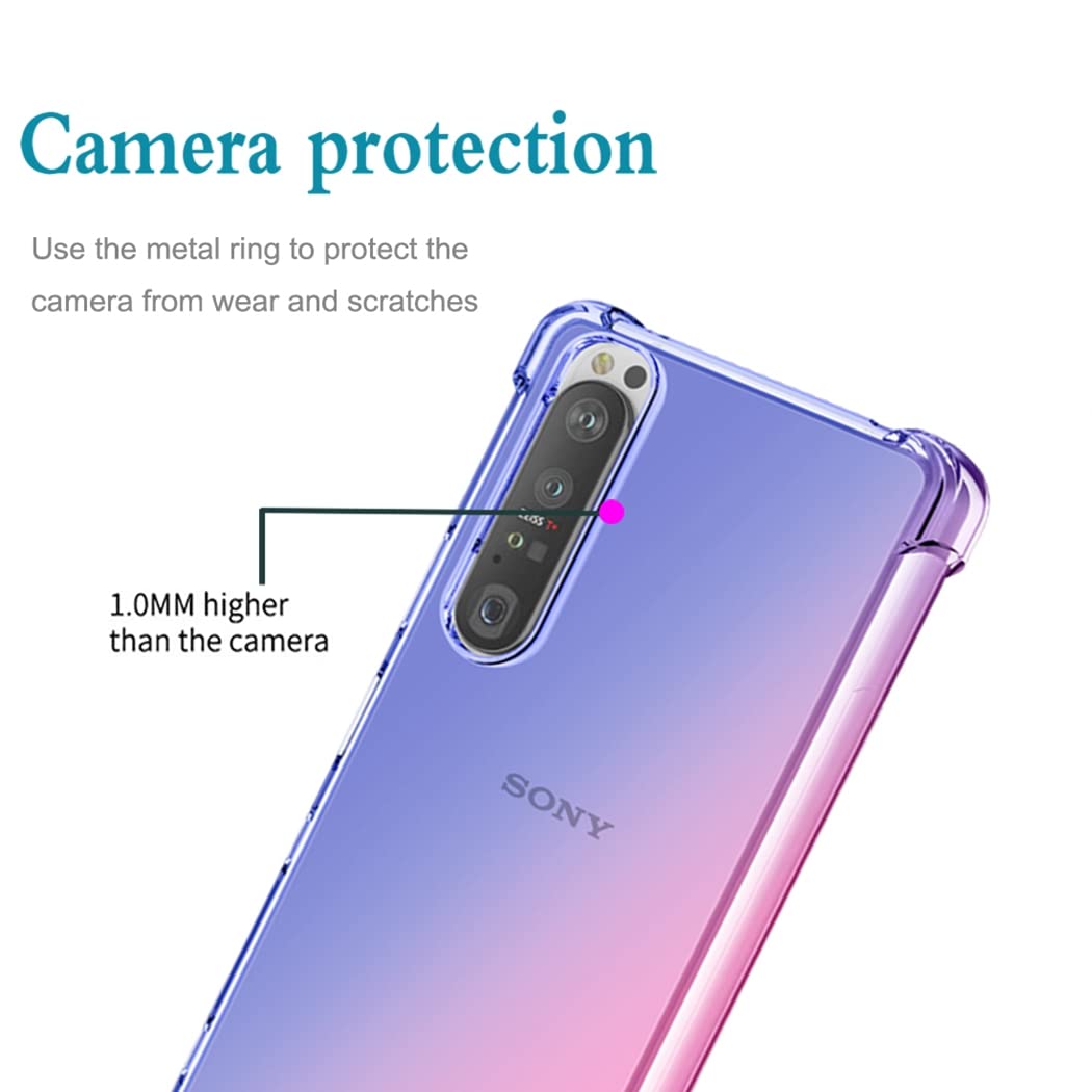 Vokuha for Xperia 1 II Case, XQ-AT51, XQ-AT52 Case with Tempered Glass Screen Protector,Cute Clear Gradient Slim Shockproof TPU Back Phone Protective Cover for Sony Xperia 1 II (Blue/Pink)