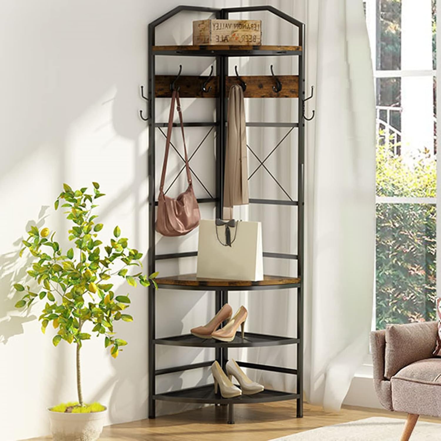 LTTROMAT 4-Tier Corner Hall Tree with Shoe Bench, Entryway Coat Rack with Storage, Industrial Corner Clothes Rack with 6 Metal Hooks and Wooden Storage Shelves