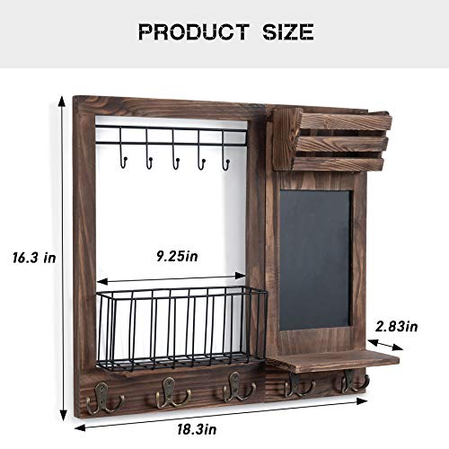 Dhmkfly Key Holder, Wall Mail Key Holder Wooden Hanging Mail Storage for Entryway Mail Holder, Wall Decorative with 5 Double Hooks and Chalkboard (Burnt Paulownia)