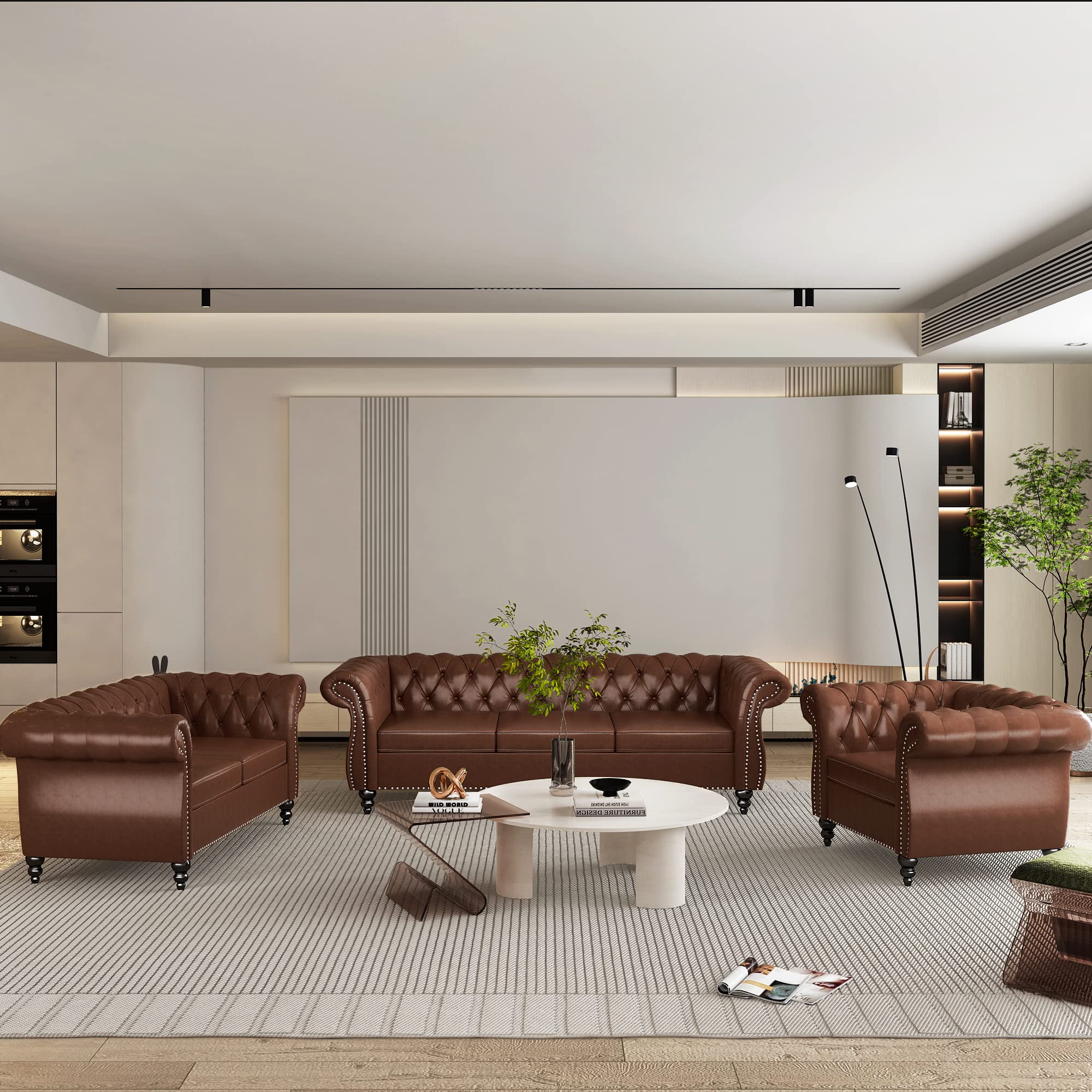 3 Piece Living Room Set, Chesterfield Leather Sofa Loveseat Couch Chair with Scroll Arms and Nailhead for Living Room, Office (Dark Brown)