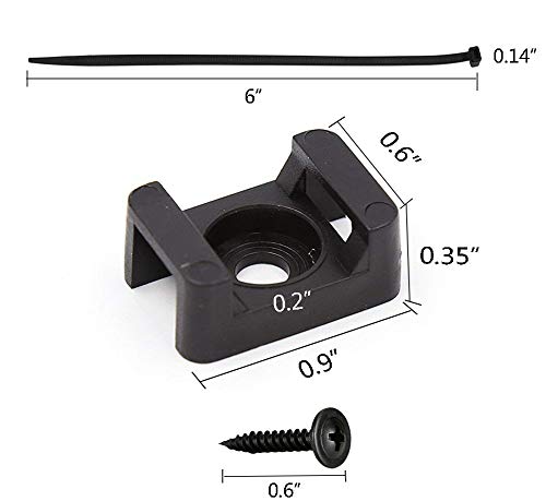 50 Pcs Black Cable Tie Base Saddle Type Mount Wire Holder, Cable Zip Ties with Self-Locking 6 Inch & 0.145 Inch,#8 x 0.6 Inch Deep Thread Pan Head Screws Black