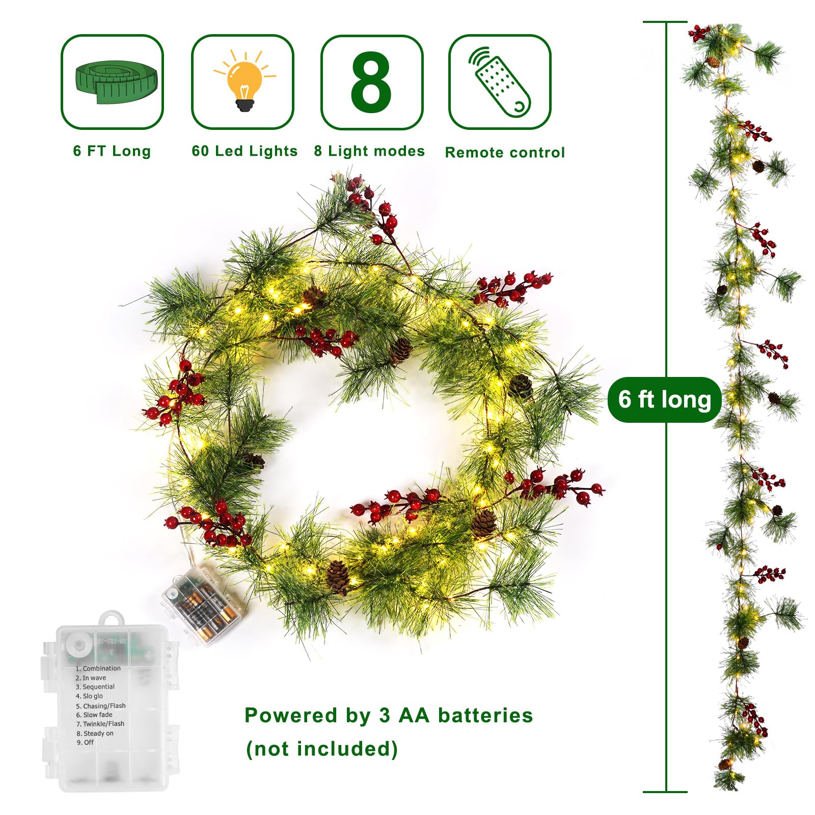 KaKaPops Christmas Garland with Lights, 6 FT Battery Operated Garland with 60 LED Lights, Timer, Lighted Garland with Berries Pine Cones for Mantle Stairs Railing Home Xmas Decoration Indoor