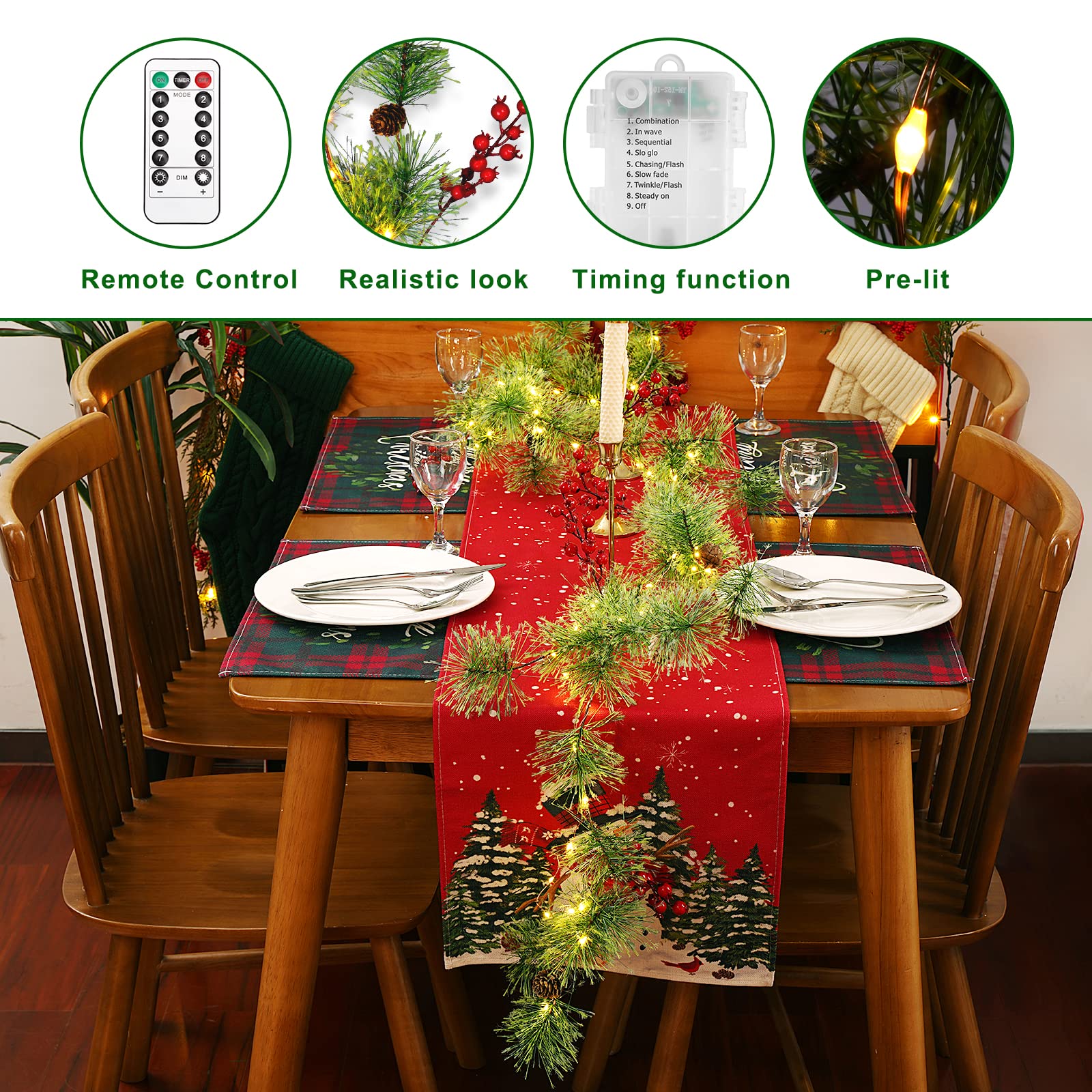 KaKaPops Christmas Garland with Lights, 6 FT Battery Operated Garland with 60 LED Lights, Timer, Lighted Garland with Berries Pine Cones for Mantle Stairs Railing Home Xmas Decoration Indoor