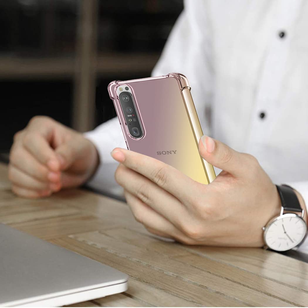 Vokuha for Xperia 1 II Case, XQ-AT51, XQ-AT52 Case with Tempered Glass Screen Protector,Cute Clear Gradient Slim Shockproof TPU Back Phone Protective Cover for Sony Xperia 1 II (Black/Gold)