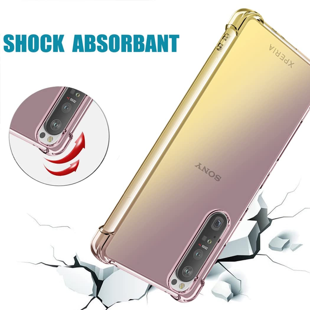 Vokuha for Xperia 1 II Case, XQ-AT51, XQ-AT52 Case with Tempered Glass Screen Protector,Cute Clear Gradient Slim Shockproof TPU Back Phone Protective Cover for Sony Xperia 1 II (Black/Gold)