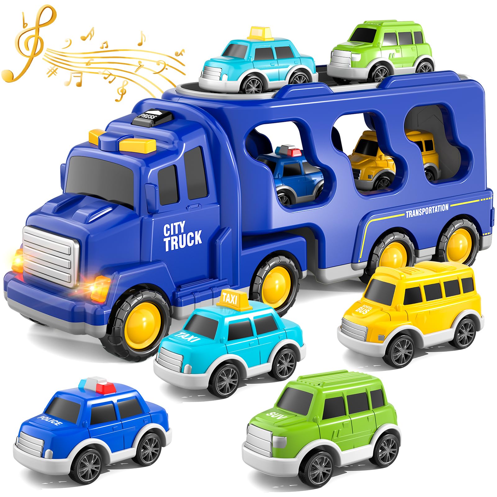 IHAHA Toys Trucks Cars for Boys Toddlers, 5 in 1 City Truck Car Toys for 1 2 3 4 5 Years Old Boys Girls Kids Birthday Gifts, Boy Toys Car Trucks Vehicles Friction Power Toys with Light Sound