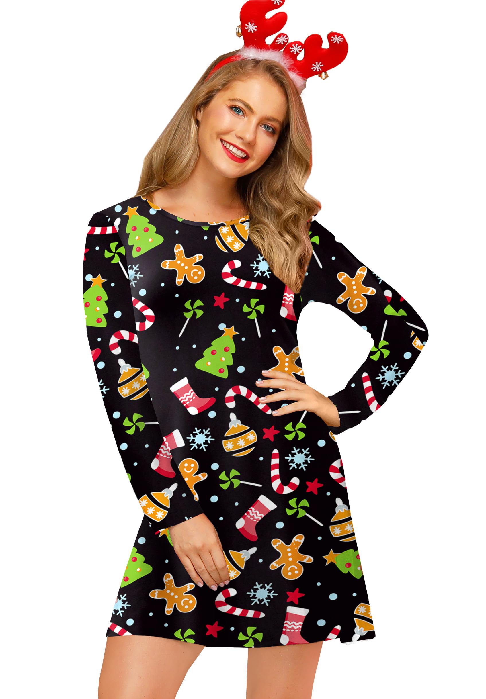 For G and PL Womens Long Sleeve Ugly Christmas Crew Neck Dresses Fitted Party Holiday Costume Collection S