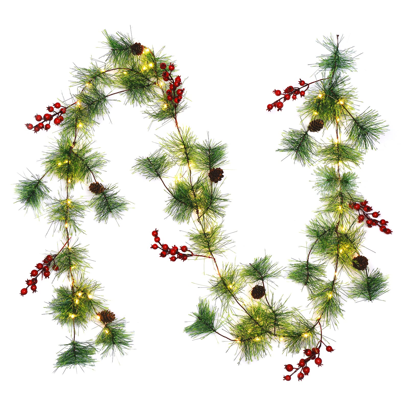 KaKaPops Christmas Garland with Lights, 6 FT Battery Operated Garland with 60 LED Lights, Timer, Lighted Garland with Berries Pine Cones for Mantle Stairs Railing Home Xmas Decoration Indoor