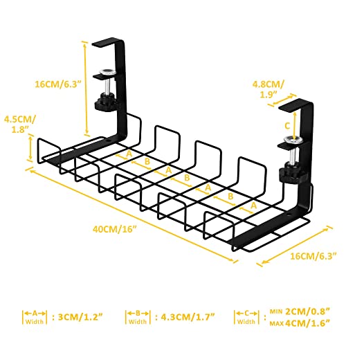Baskiss Under Desk Cable Management Tray 2 Packs, 16" Under Desk Cord Organizer with Clamp Mount for Wire Management, Metal Wire Cable Holder for Desks, Offices and Kitchens, No Need to Drill Holes