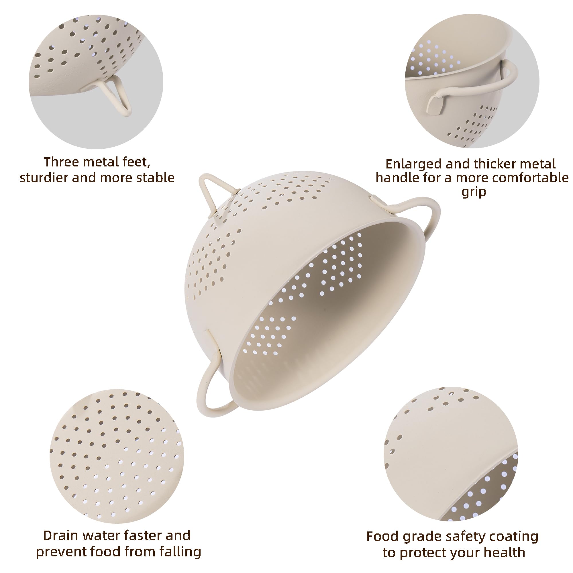Metal Colander 5 Quart Powder Coated Self-draining Metal Strainer with Base,Kitchen Pasta Fruit Vegetable Basket with Double Handles (Sand Yellow)