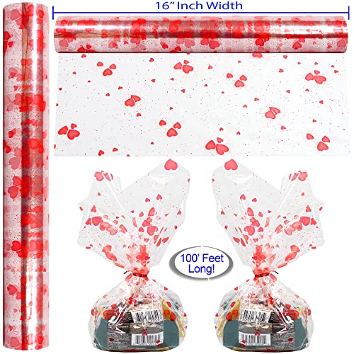 Cellophane Wrap Roll Hearts Design | 100β Ft. Long X 16β in. Wide | 2.3 Mil Thick Crystal Clear with Red Hearts | Gifts, Baskets, Treats, Flowers, Cello Wrapping Paper | Hearts Design Cellophane for Birthdays, Holidays, Graduations | by Anapoliz