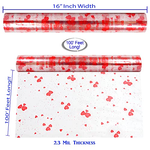 Cellophane Wrap Roll Hearts Design | 100β Ft. Long X 16β in. Wide | 2.3 Mil Thick Crystal Clear with Red Hearts | Gifts, Baskets, Treats, Flowers, Cello Wrapping Paper | Hearts Design Cellophane for Birthdays, Holidays, Graduations | by Anapoliz