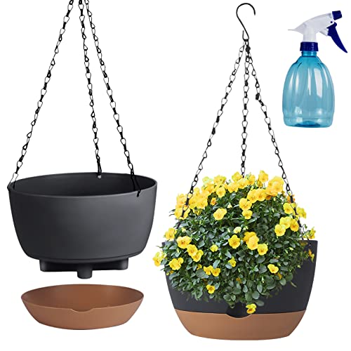 EURCRBU 2 Pack Hanging Planters for Outdoor Indoor Plants, 10 Inch Plastic Outdoor Hanging Planter, Hanging Flower Pots for outside with Drainage Holes & Removable Saucer for Garden Home (Dark Grey)