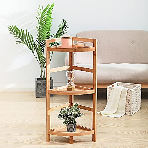 GREEHOMEDE 3 Tier Bamboo Corner Shelf Storage Rack, Free Standing Corner Rack Multipurpose Shelving Unit, Living Room Bathroom Kitchen Shelf Storage, 33.5''