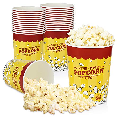 [25 Pack] Popcorn Buckets Disposable - 32 Oz Yellow and Red Paper Popcorn Containers - Solo Popcorn Tubs for Home and Theater Movie Night - Popcorn Cups for Circus, Carnival Theme Party Decorations