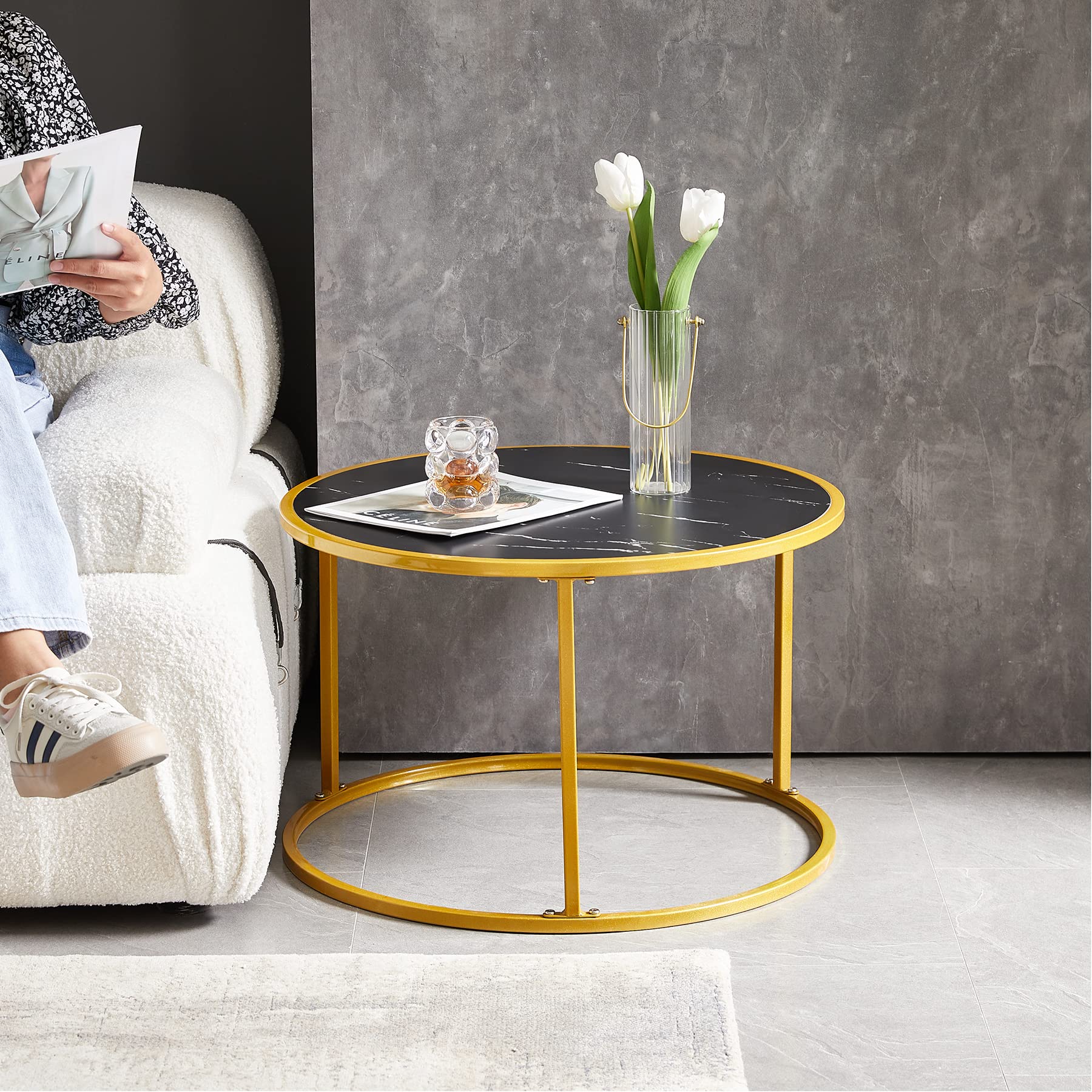 Round Coffee Table Living Room Side Tables Modern Marble Metal Frame Furniture Home Decor
