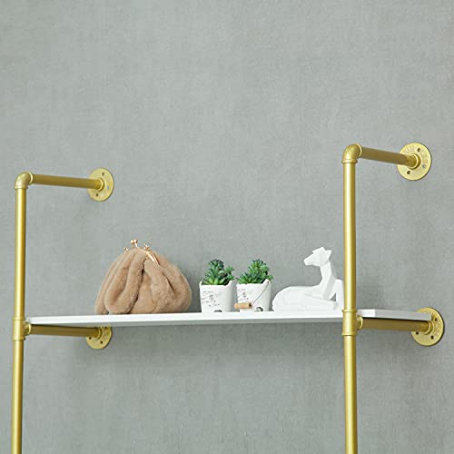 Industrial Pipe Wall Mounted Garment Rack with Top Shelf, Detachable Pipe Clothes Rack, Space-Saving Hanging Bar, Detachable Multi-Purpose Rod for Closet Storage, Gold, 47.2x10 Inches