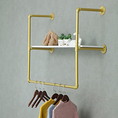 Industrial Pipe Wall Mounted Garment Rack with Top Shelf, Detachable Pipe Clothes Rack, Space-Saving Hanging Bar, Detachable Multi-Purpose Rod for Closet Storage, Gold, 47.2x10 Inches