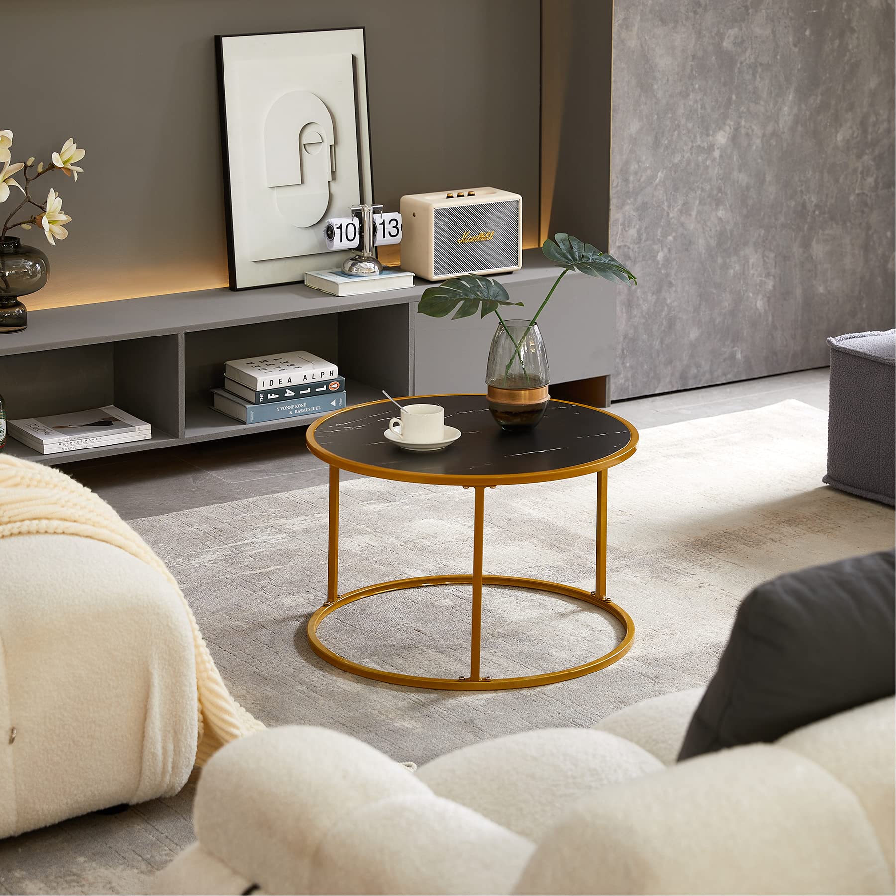 Round Coffee Table Living Room Side Tables Modern Marble Metal Frame Furniture Home Decor